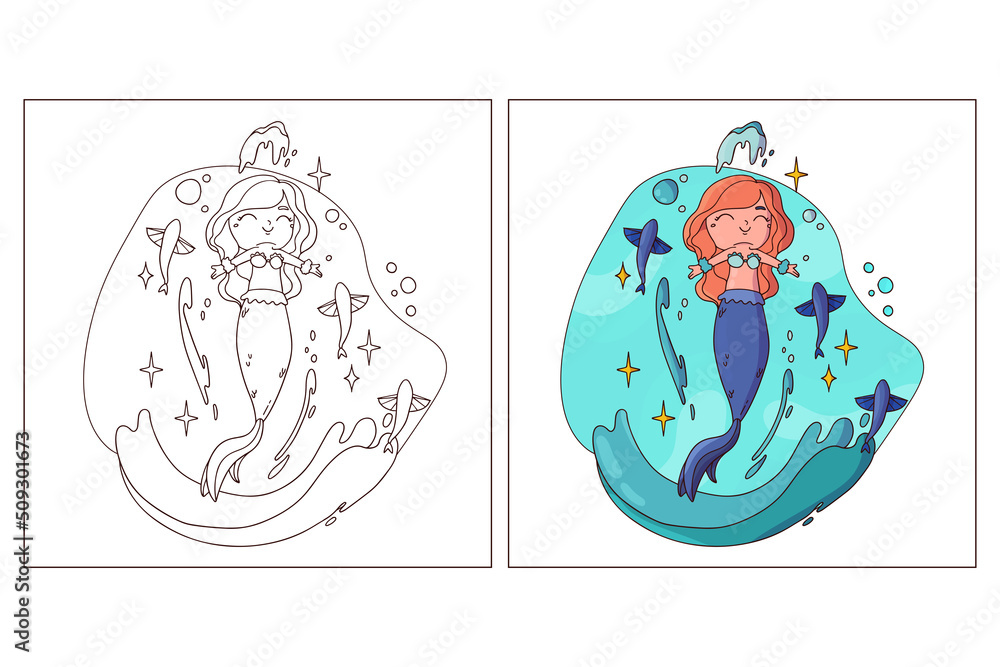 Hand drawn cute Mermaid for coloring page 6 Stock Vector | Adobe Stock