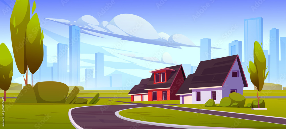 Suburb district with houses, road and city buildings on skyline in ...