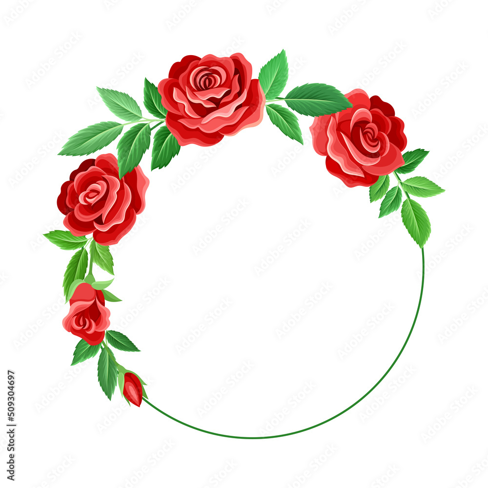 Round Rose Frame with Red Lush Bud and Green Leaves Arranged in Shape ...