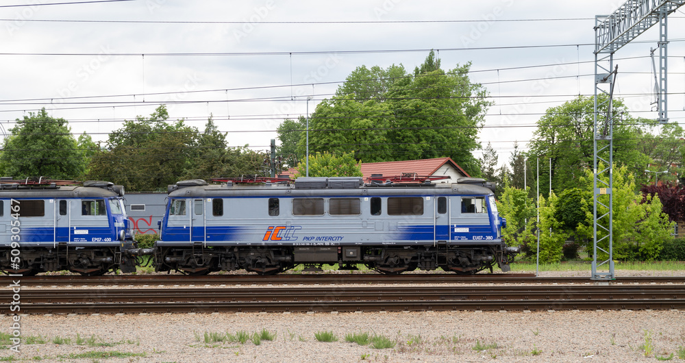 PKP Intercity EU07 electric locomotive. Polish state railways long-distance passenger express ...