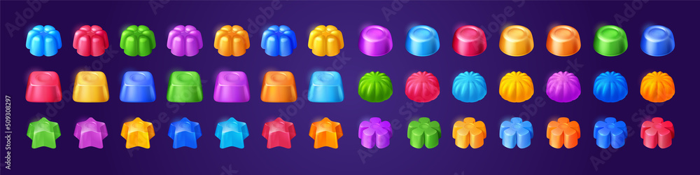 Jelly candies, game icons or ui buttons set. Funny cartoon assets for ...