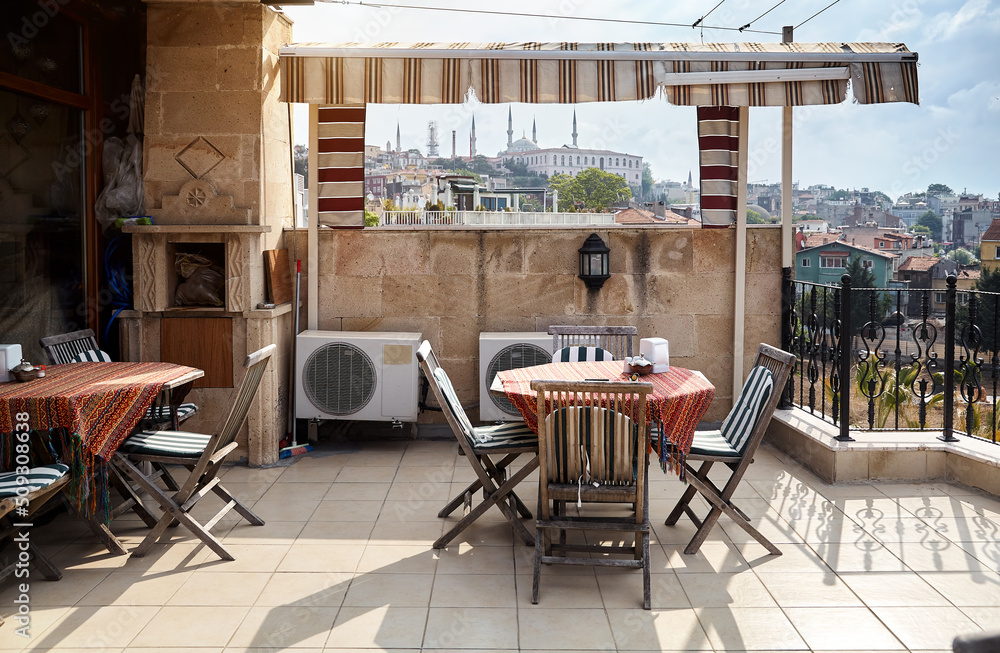 Rooftop cafe restaurant with Ayasofya view in Istanbul Stock Photo ...