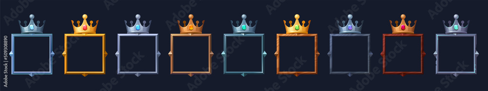 Square avatar frames with royal crowns, ui game medieval metal borders ...