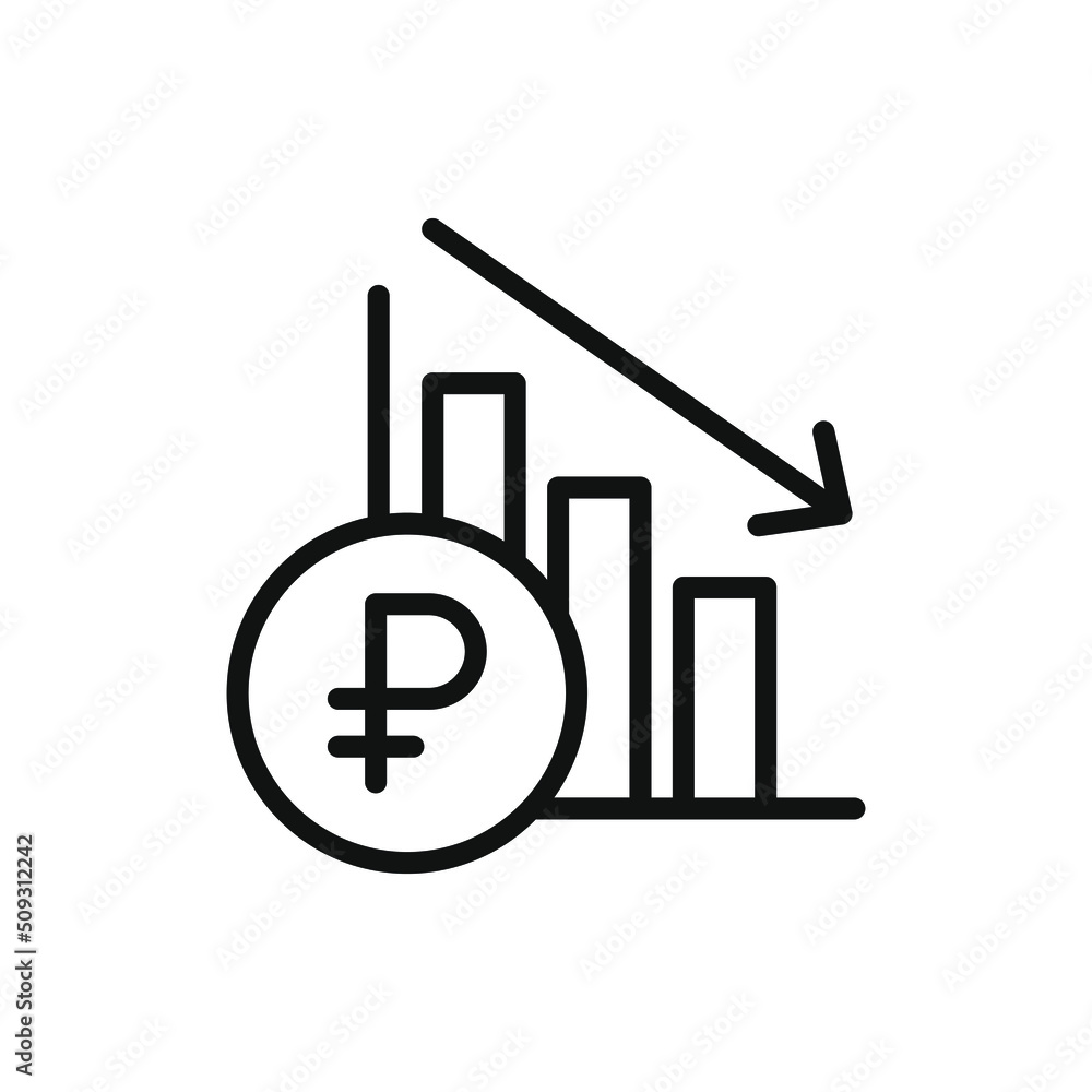 Ruble value crashed. Currency crisis. Financial decrease, inflation icon line style isolated on ...