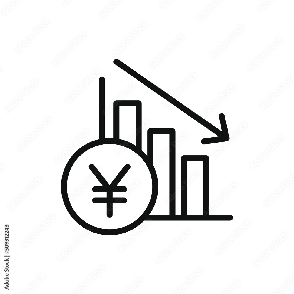 Yen value crashed. Currency crisis. Financial decrease, inflation icon line style isolated on ...