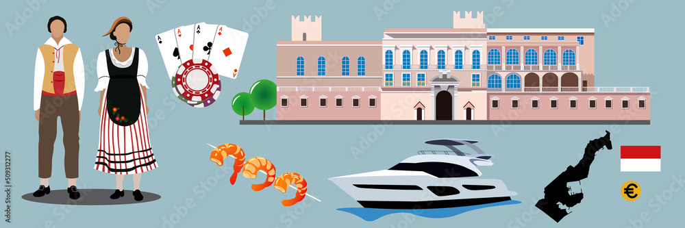 Set of Monaco illustrations. Characters in national costumes. The ...