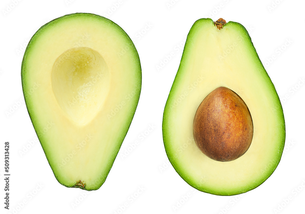 avocado cut in half on a white isolated background Stock-Foto | Adobe Stock