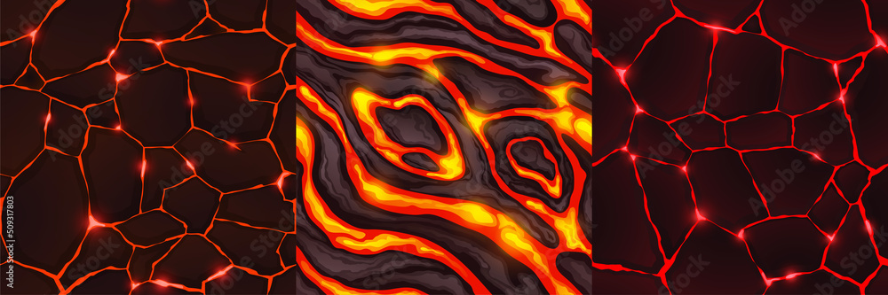 Textures of liquid lava flows and ground cracks with red light top view ...