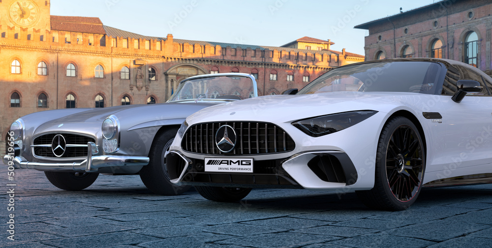The new Mercedes SL pairs with the first generation SL from the 1970s ...