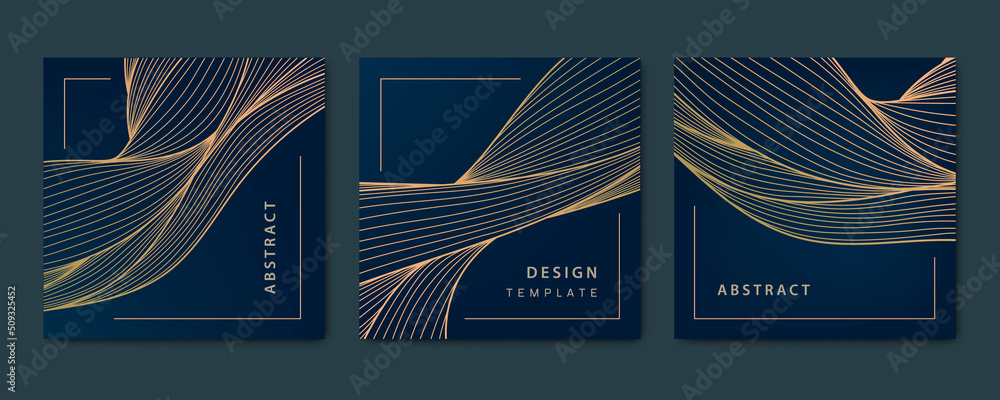 Vector set of wavy luxury line cards, golden dynamic square backgrounds ...