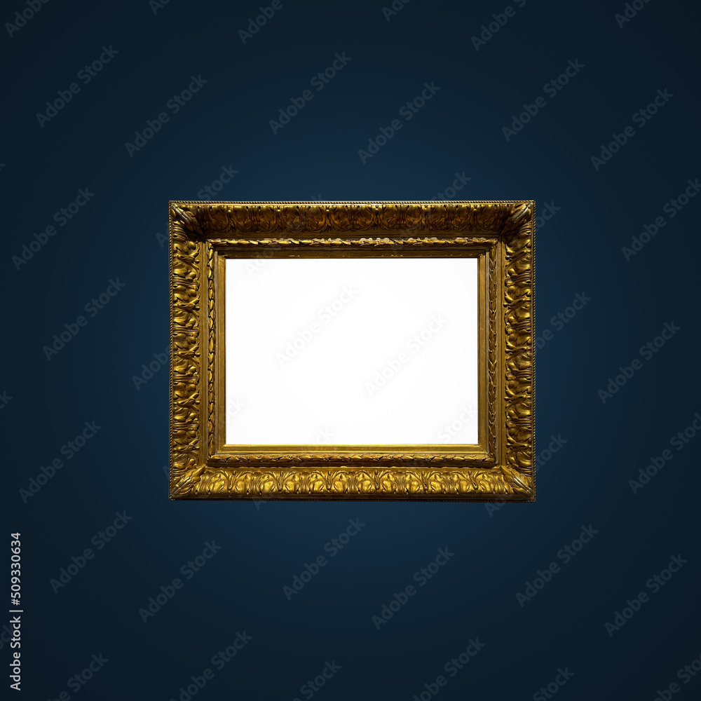 Antique art fair gallery frame on royal blue wall at auction house or ...