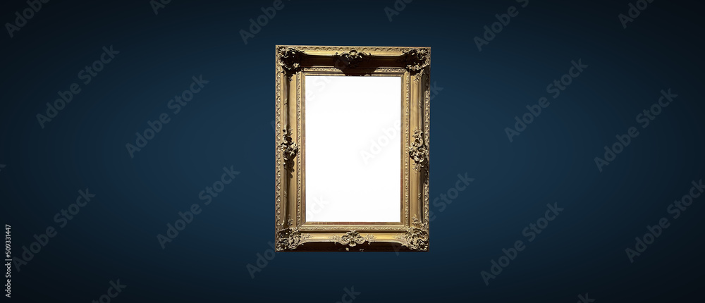 Antique art fair gallery frame on royal blue wall at auction house or ...