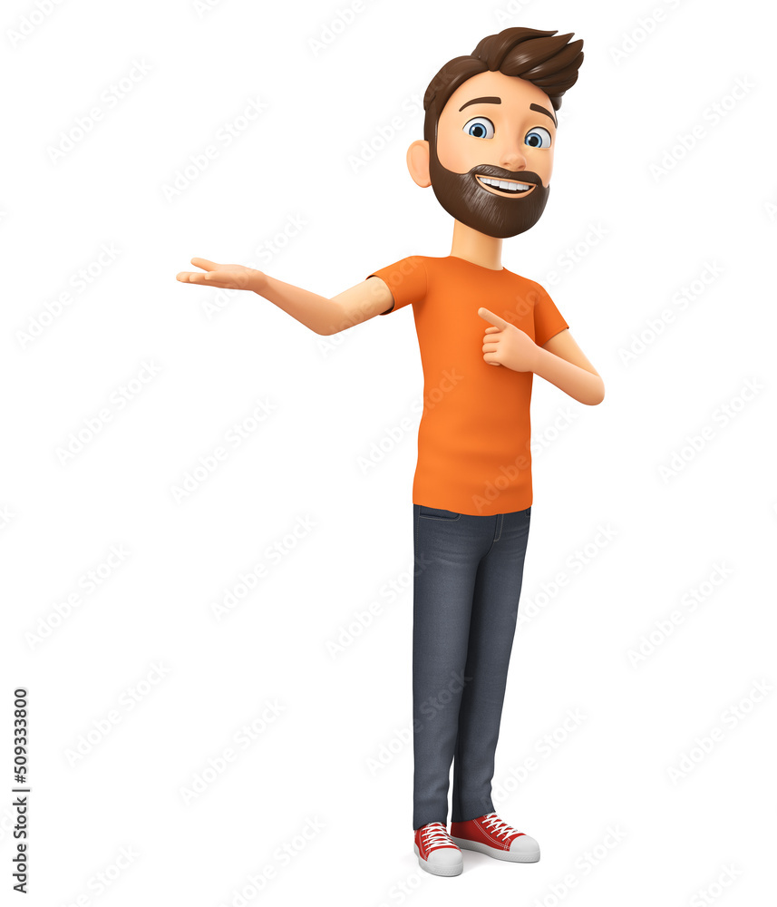 Cartoon character guy points his finger at an empty hand. 3d render ...