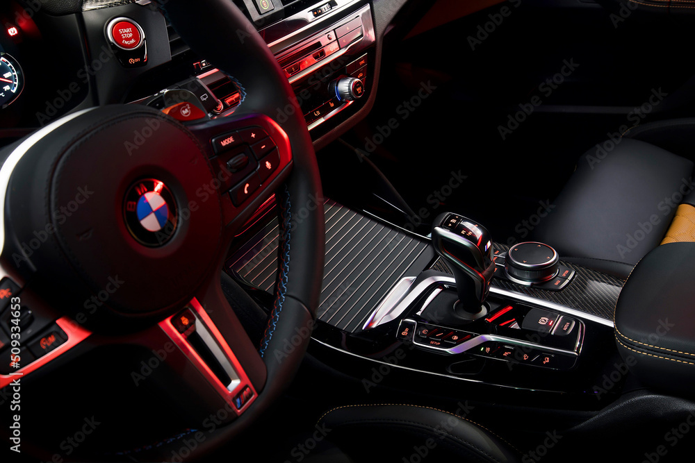 Munich, Germany - April 2022: new BMW X3M Competition interior and gear ...