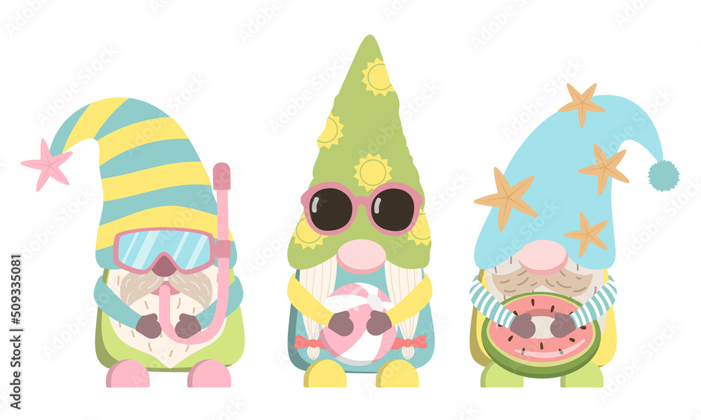 Summer pool gnomes with swim mask, ball, rubber ring. Cartoon vector ...