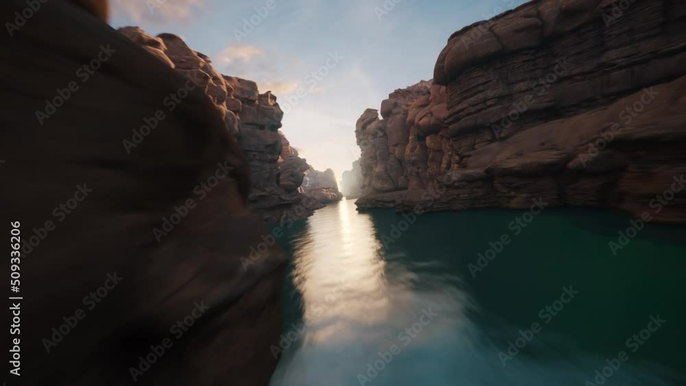 Flight in the canyon with red cliff walls. Flight in the deep beautiful ...