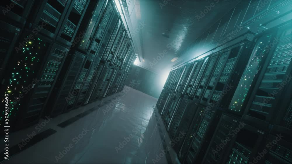 3D render slow rotating camera movement through a modern, low-lit ...