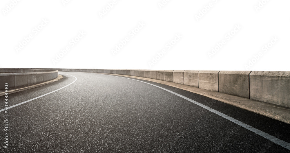 Low angle curvy asphalt road isolated on white background with clipping ...