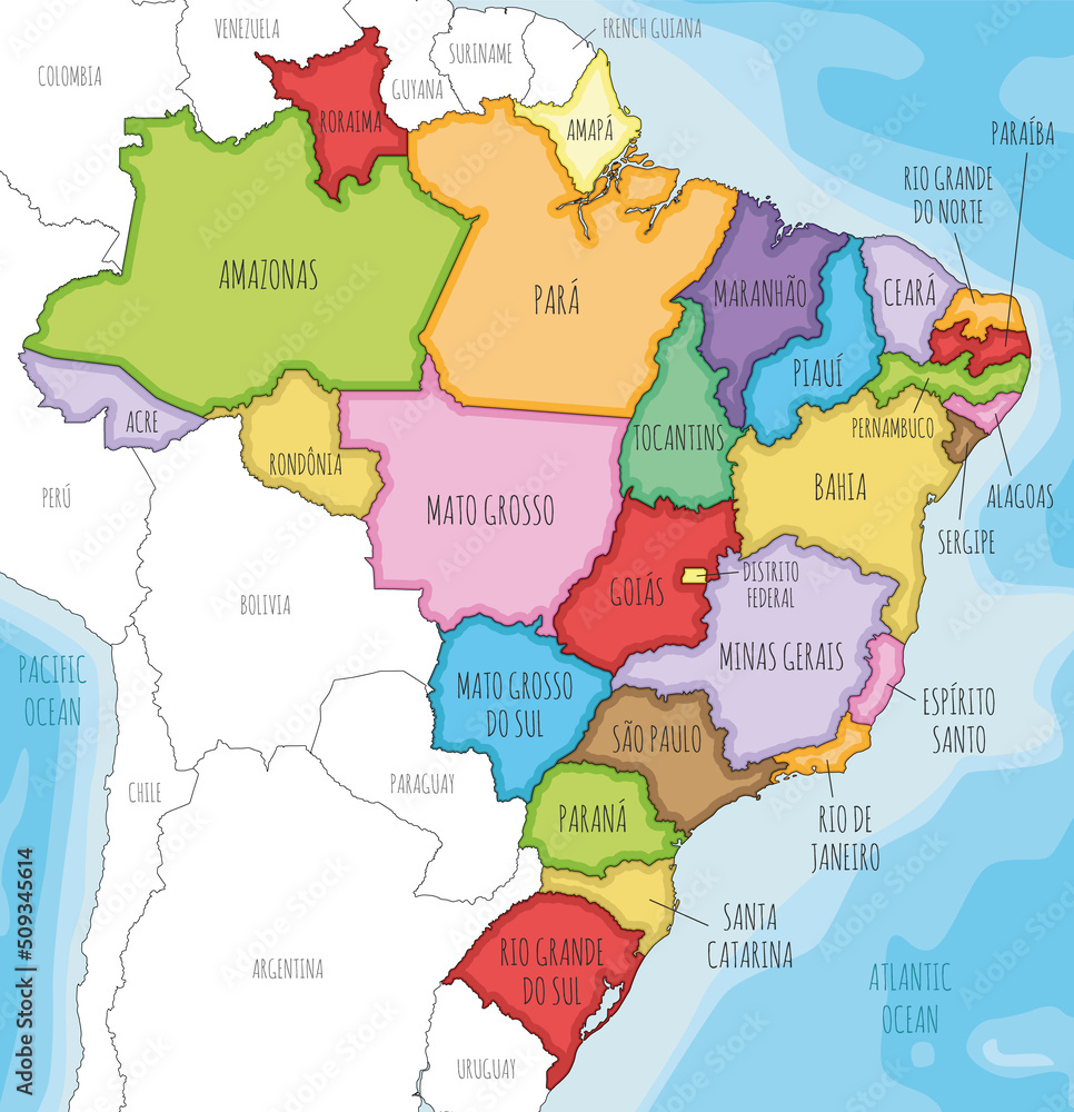 Vector illustrated map of Brazil with states and administrative ...