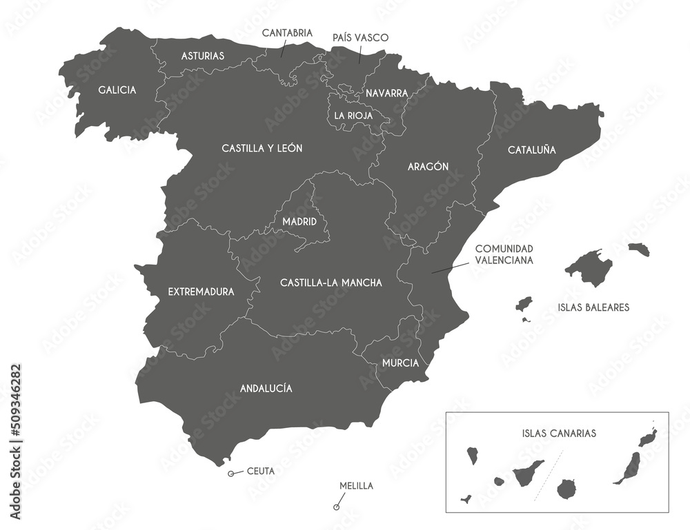 Vector map of Spain with regions and territories and administrative ...