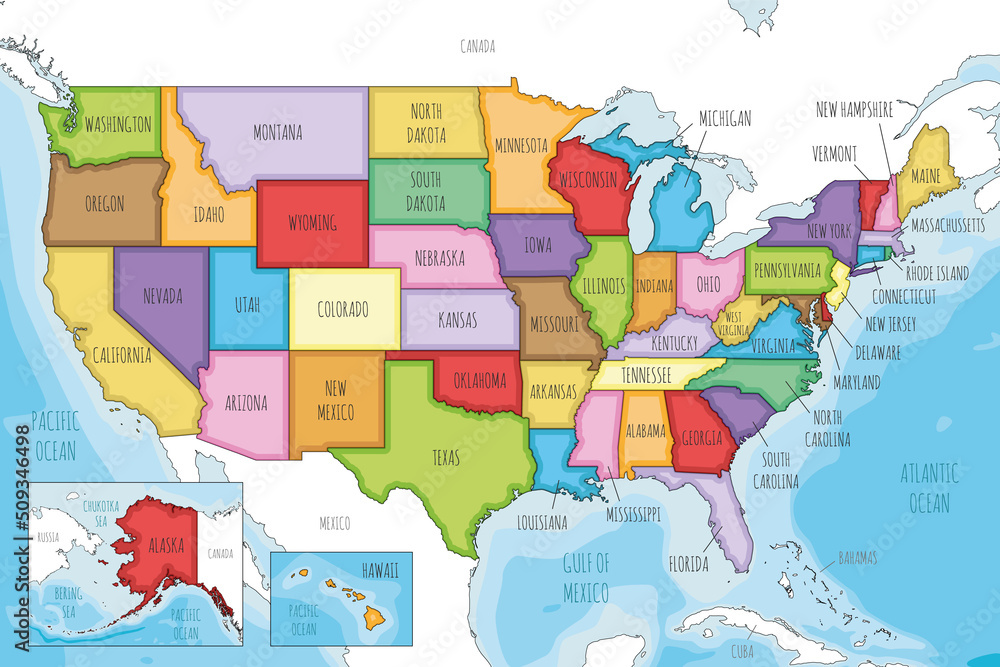 Vector illustrated map of USA with states and administrative divisions ...