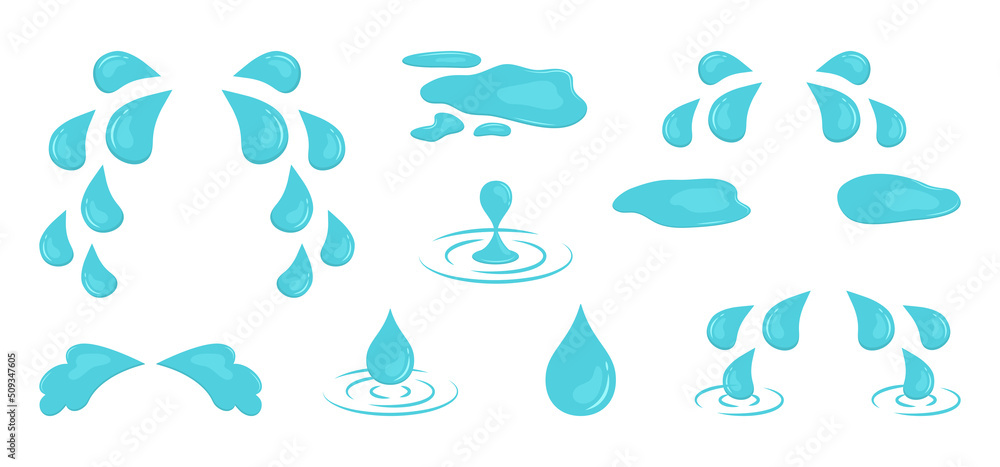 Tear and water vector icon, cartoon puddle, cry drop, blue rain stream ...