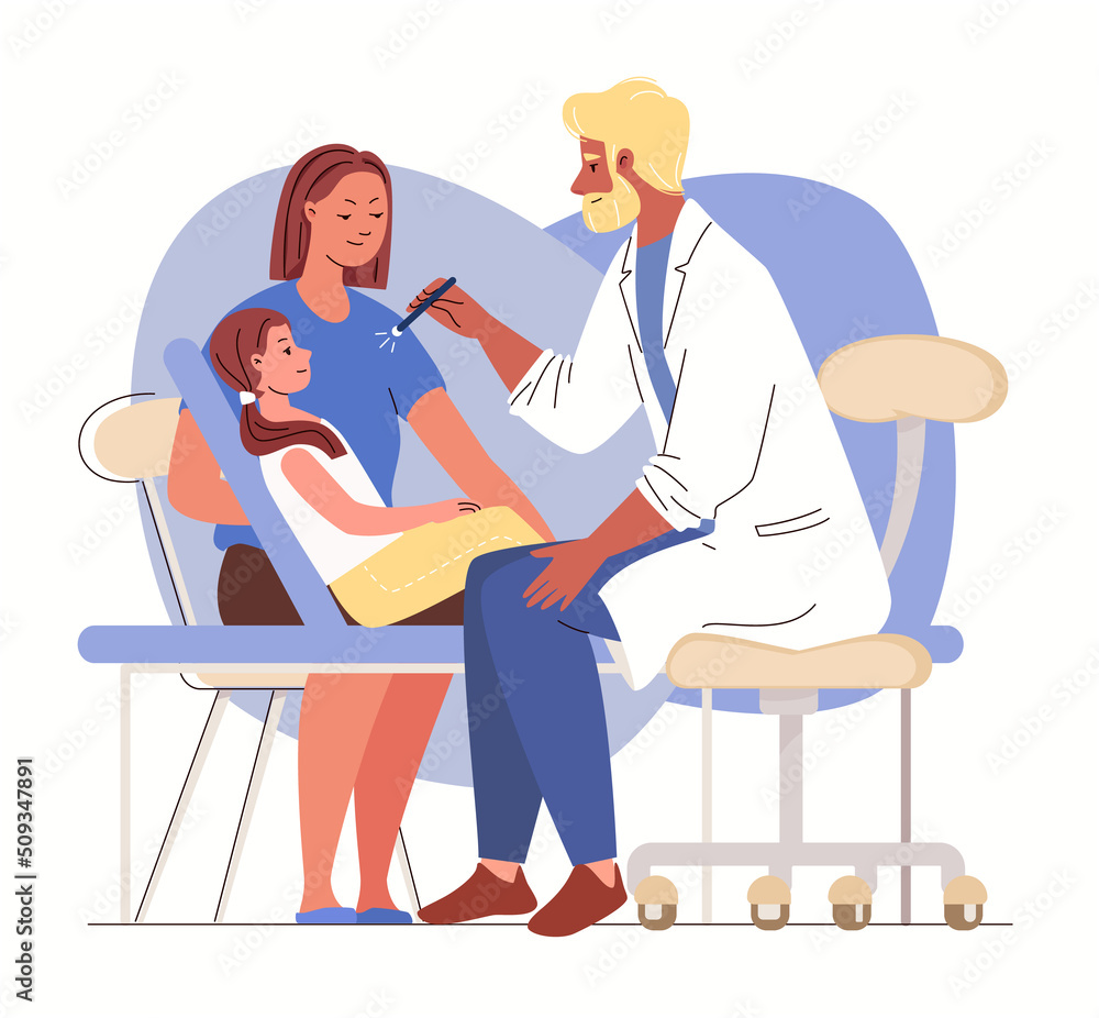 Female child at neurologist's appointment. Doctor checks reflex of ...