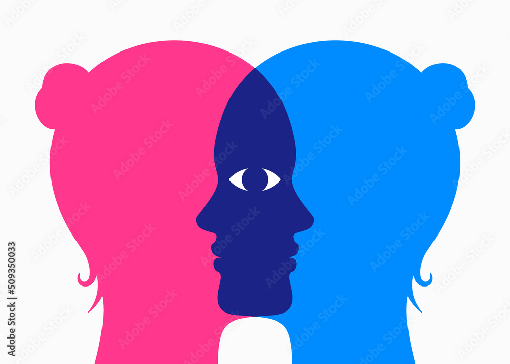 Two overlapping woman faces, looking through each other with one shared ...