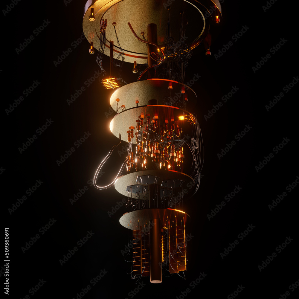 Quantum computer, 3D visualization on a black background. New ...