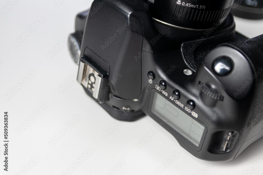 Professional dslr camera equipment with 50 mm f1.8 prime lens objective ...