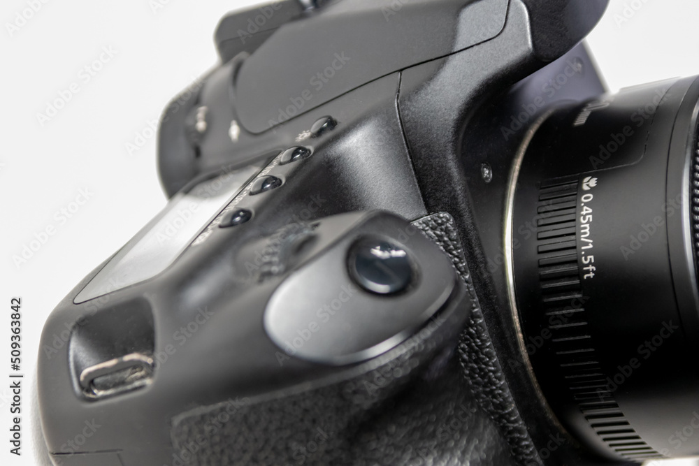 Professional dslr camera equipment with 50 mm f1.8 prime lens objective camera lens in macro ...