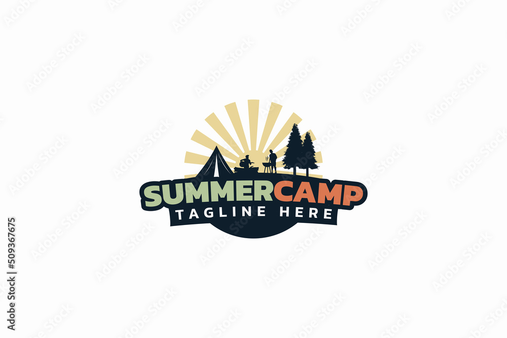 summer camp logo with peoples doing outdoor activities, grilling ...
