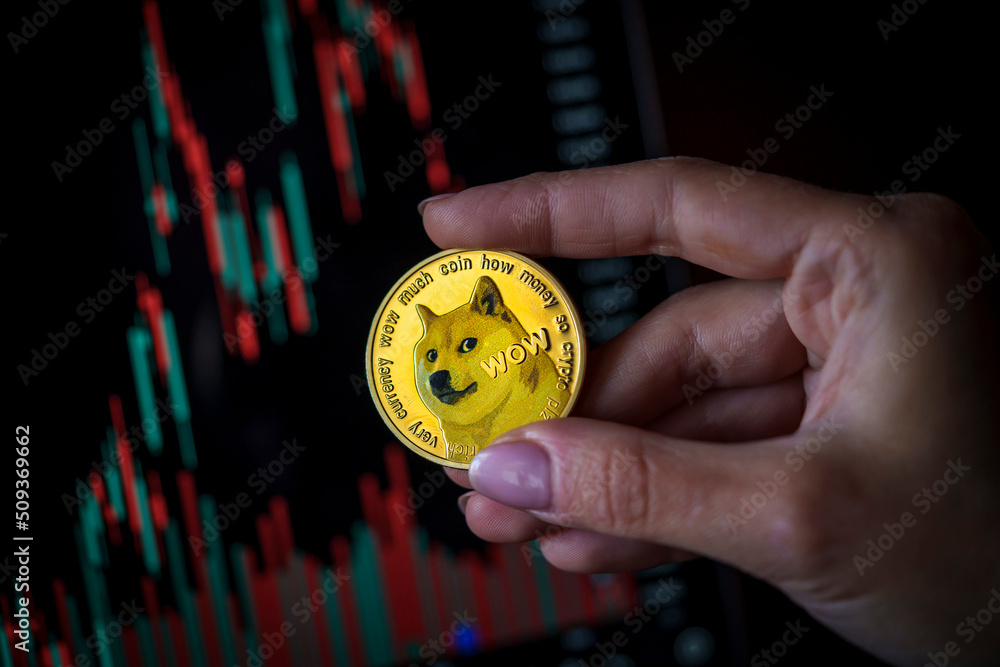 Hand holding a gold Dogecoin cryptocurrency coin with candle stick ...