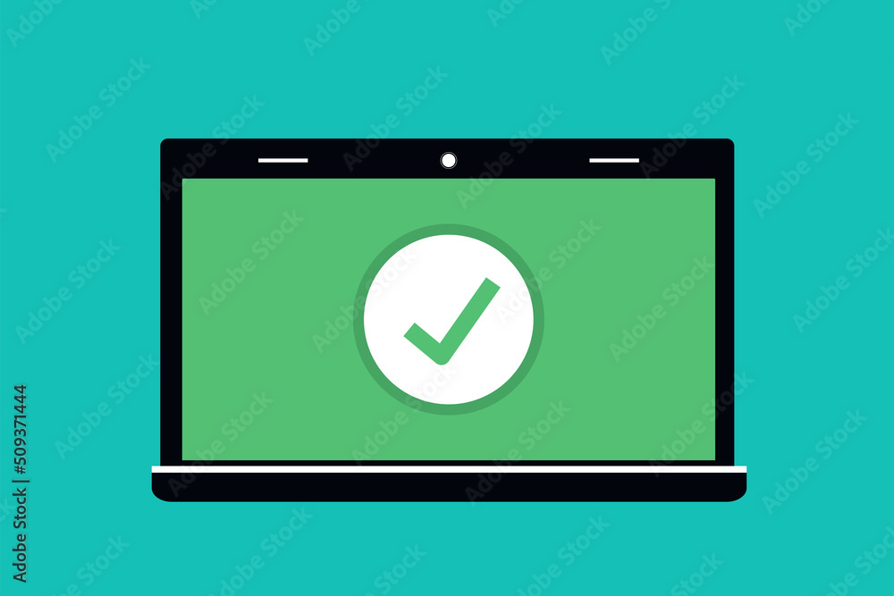 Check mark on laptop screen. Success tick icon or confirmation ...