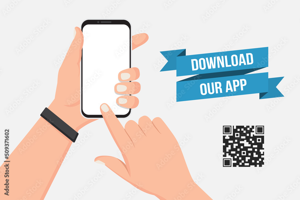 Download our app. Hand holding smartphone with empty screen for your ...
