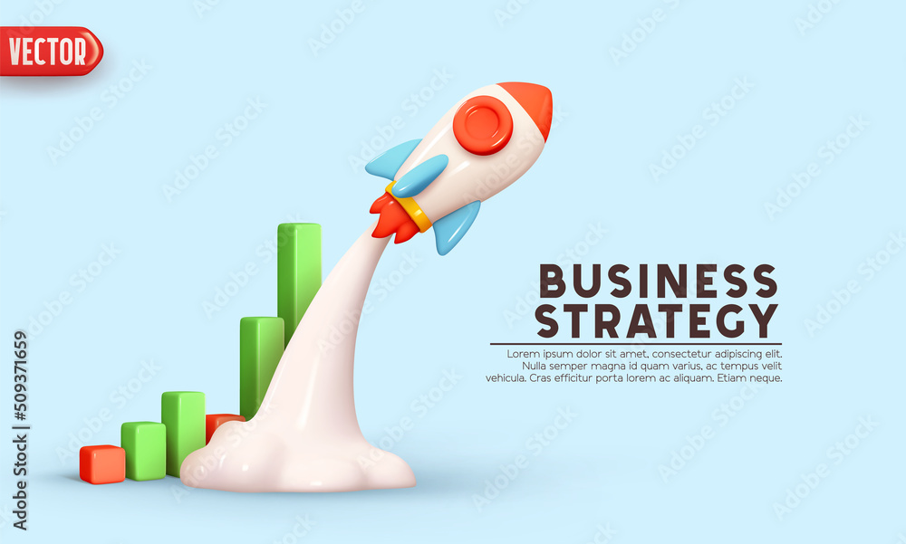 Business success strategy. Marketing time. Spaceship launch. Rocket 3d ...