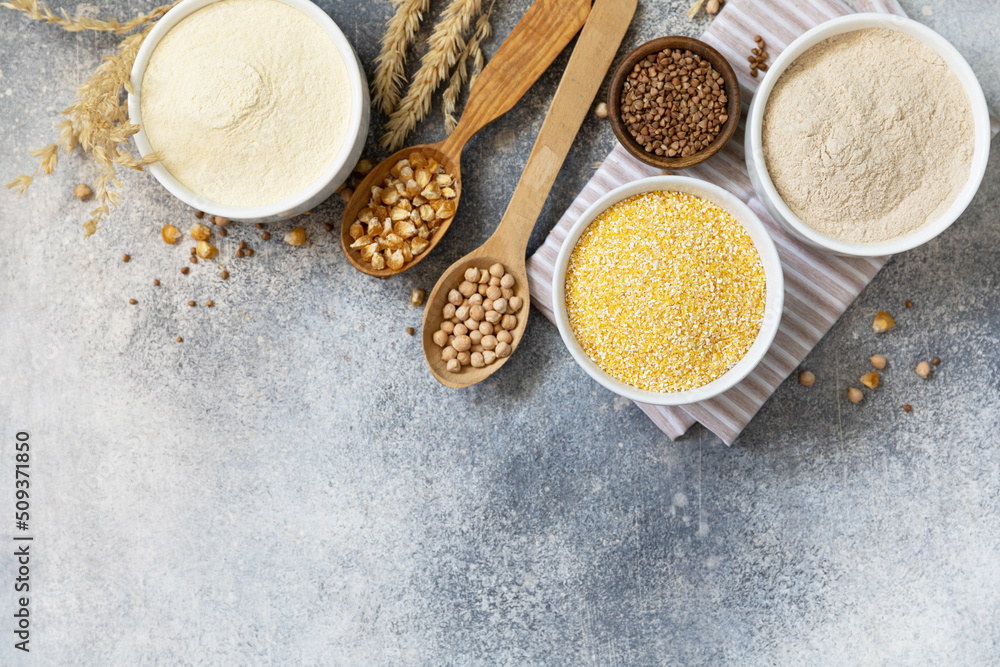 Food and baking gluten free ingredient. Cereals and flours coarse, corn ...