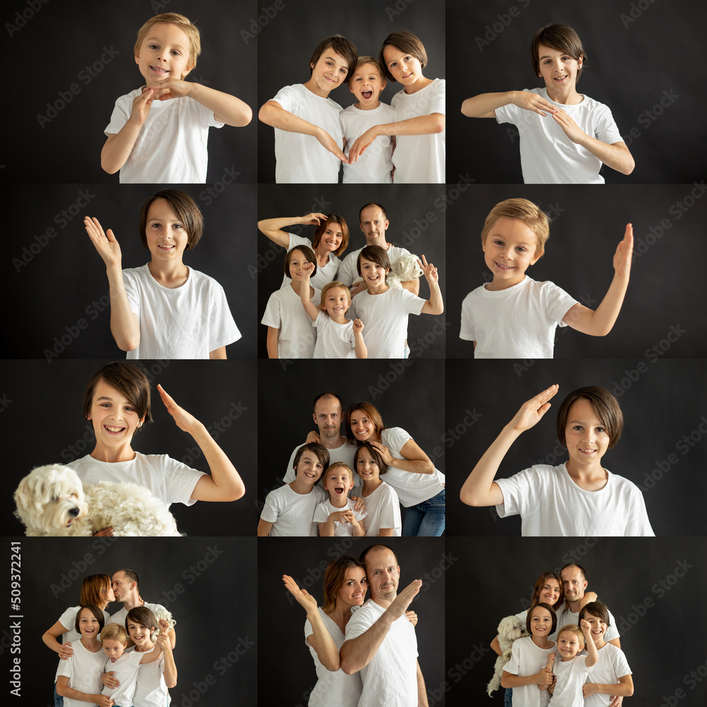 Isolated portrait of a children and parents,, family, people on black ...