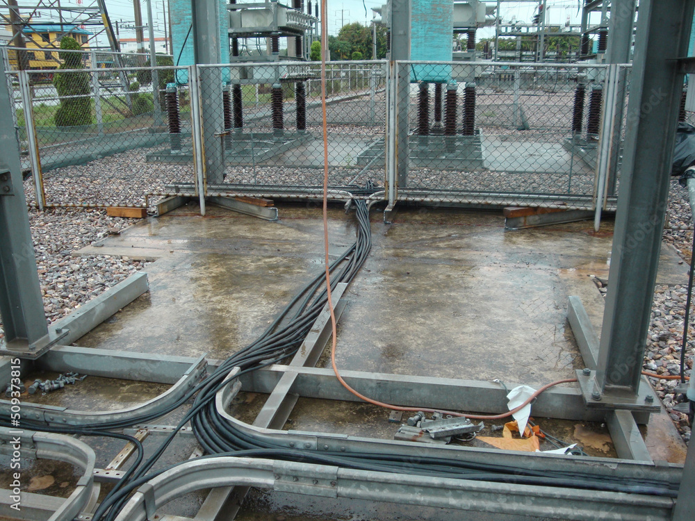 Electrical power cables on cable tray in high voltage substation. Stock ...