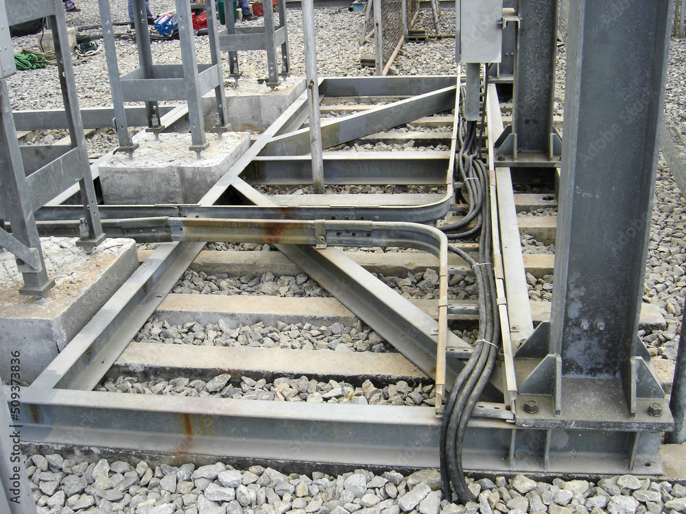 Electrical power cables on cable tray in high voltage substation. Stock ...