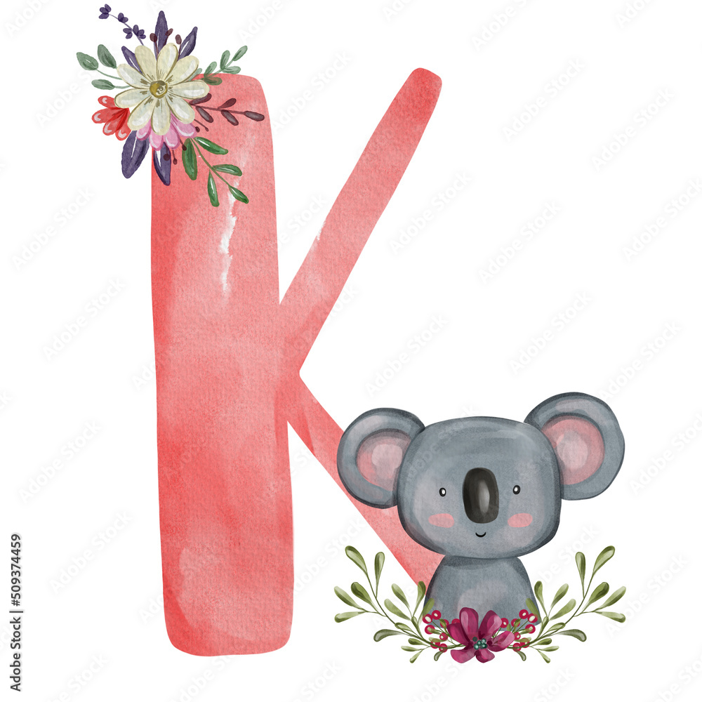 Animal nursery alphabet. K is for Koala. Hand drawn watercolor alphabet ...