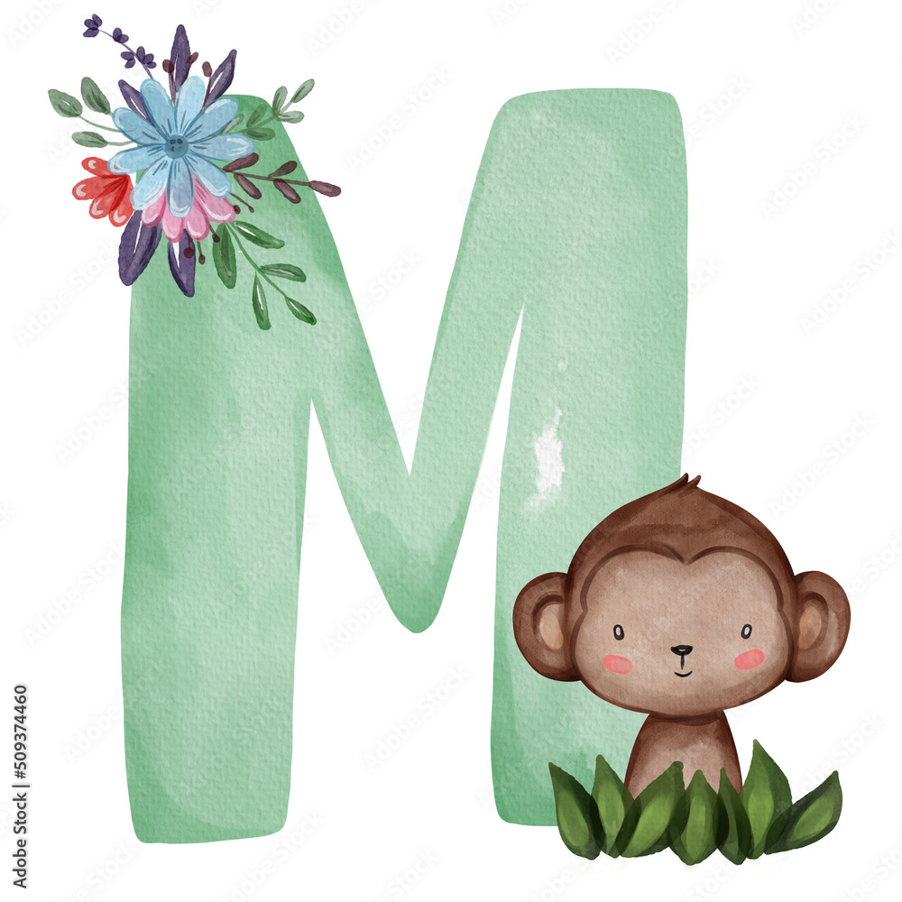 Animal nursery alphabet. M is for Monkey. Hand drawn watercolor ...