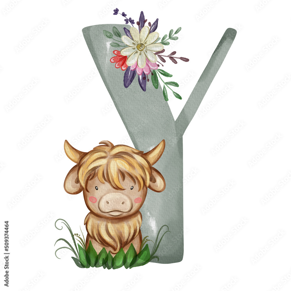 Animal nursery alphabet. Y is for Yak. Hand drawn watercolor alphabet ...