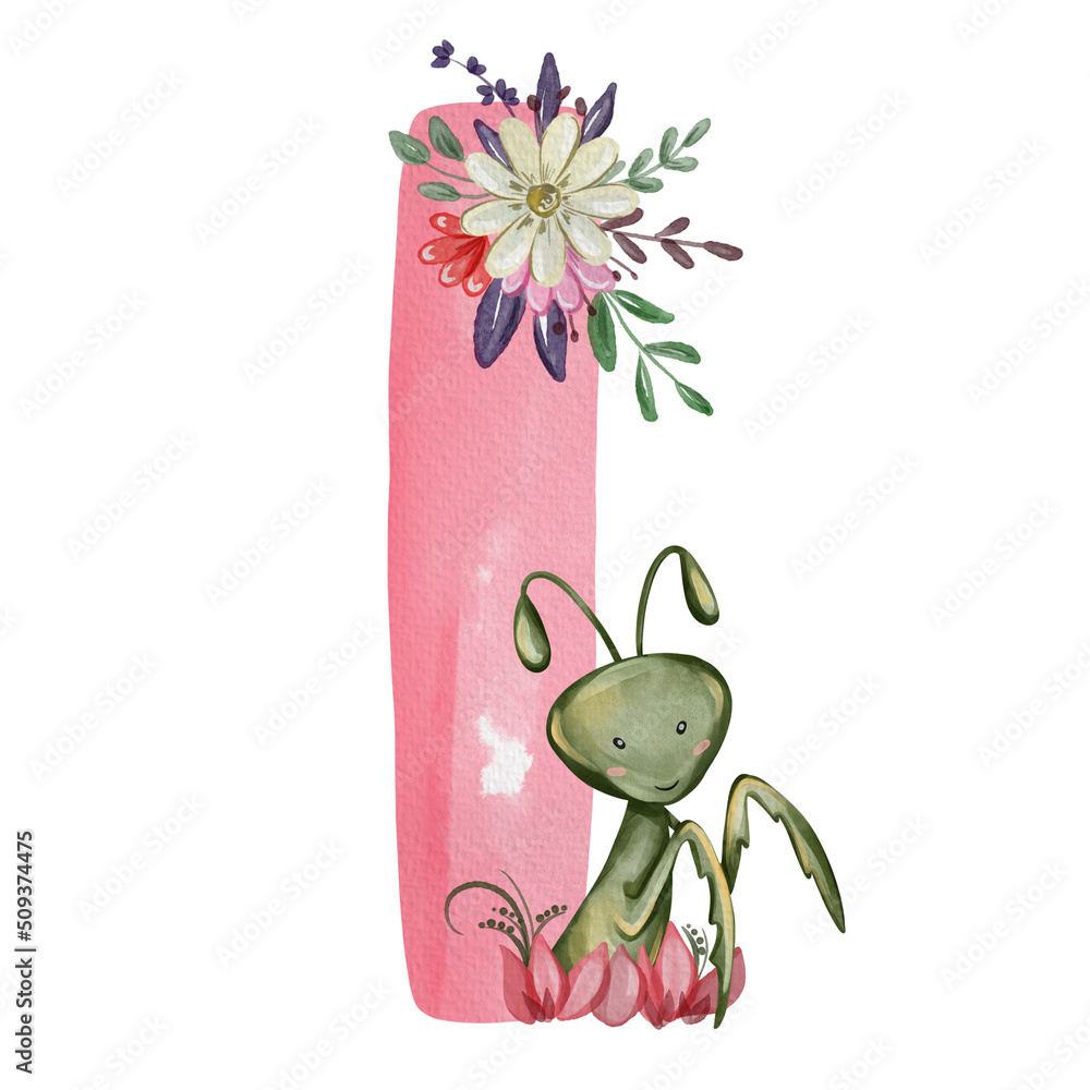 Animal nursery alphabet. I is for Insect. Hand drawn watercolor ...