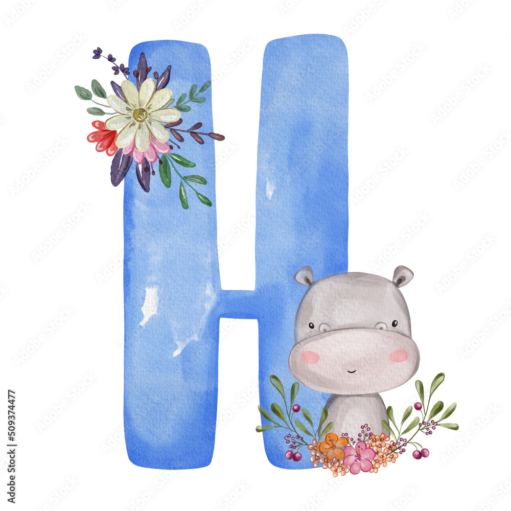 Animal nursery alphabet. H is for Hippo. Hand drawn watercolor alphabet ...