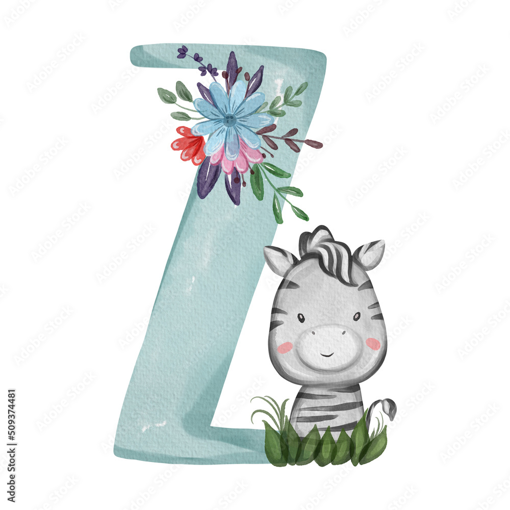 Animal nursery alphabet. Z is for Zebra. Hand drawn watercolor alphabet ...