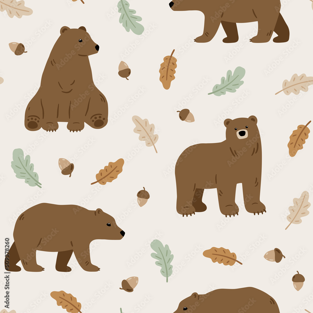 Seamless pattern with cute bears in the wood. Hand drawn childish ...