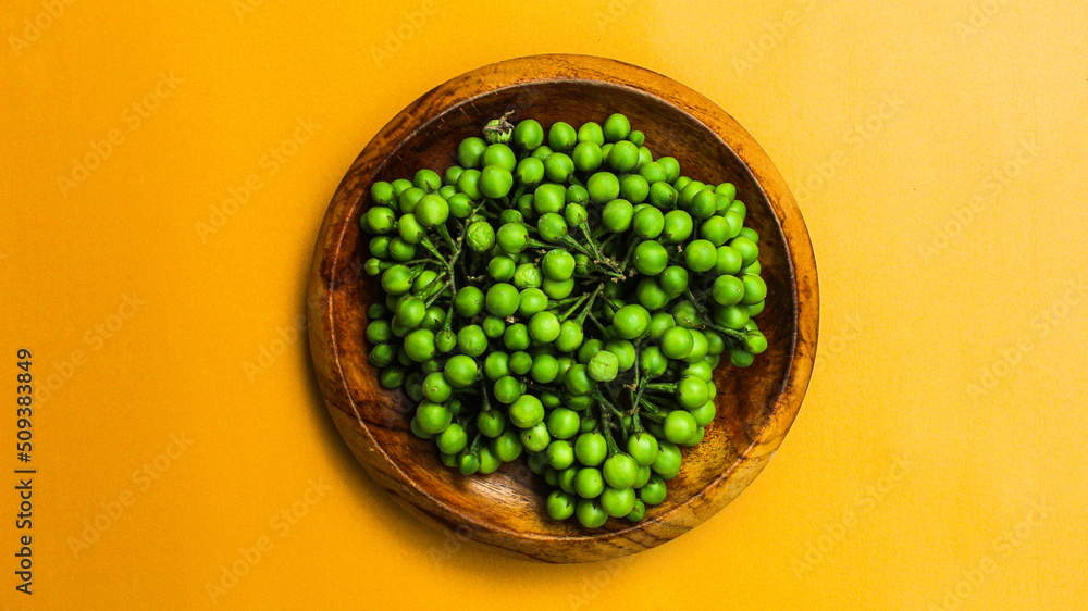 Takokak (Solanum Torvum) on wooden plate isolated orange background ...