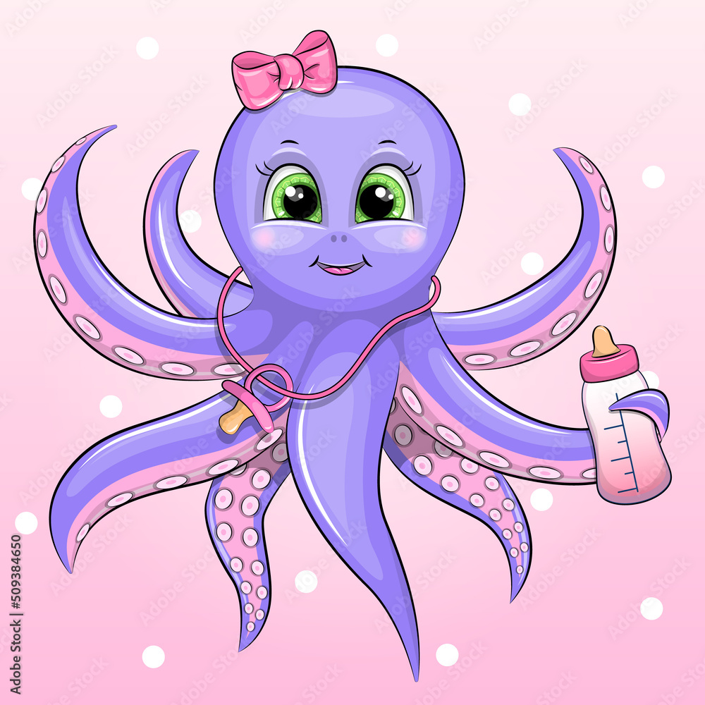 Cute cartoon octopus with milk bottle and babies dummy. Vector ...