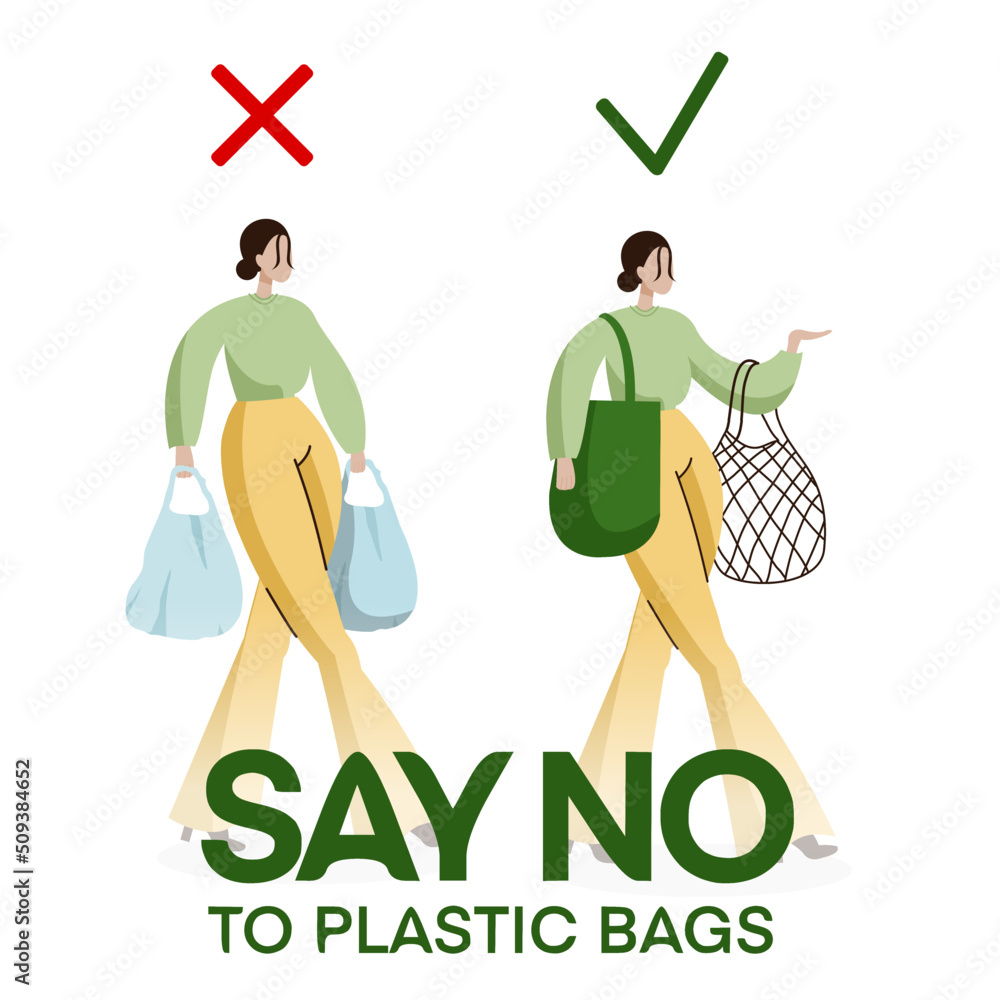 Vecteur Stock say no to plastic bags slogan. The girl refuses to take ... Vecteur Stock say no to plastic bags slogan. The girl refuses to take ...